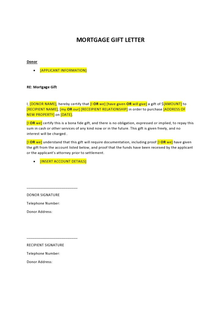 Gift Letter Template for Mortgage (Word)