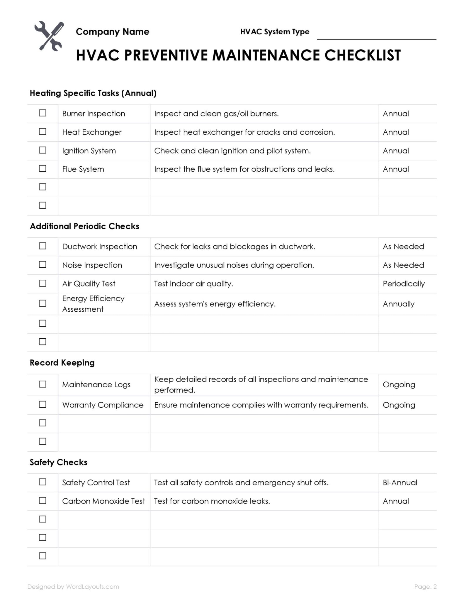 HVAC Maintenance Checklist Template