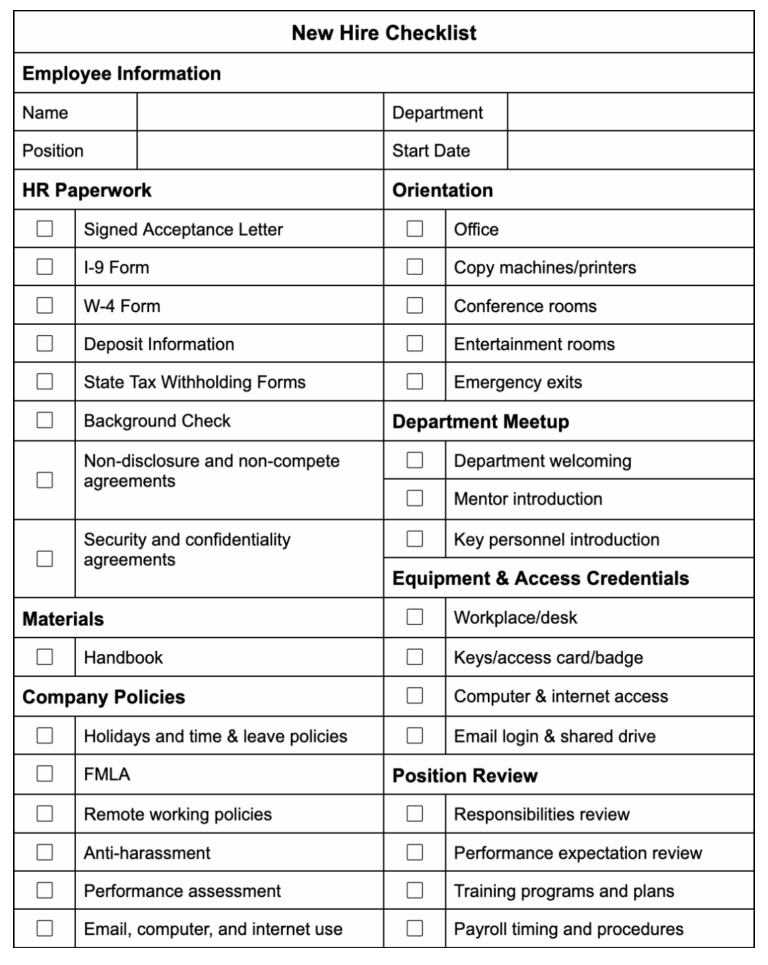 Free Printable Hiring Checklist Template