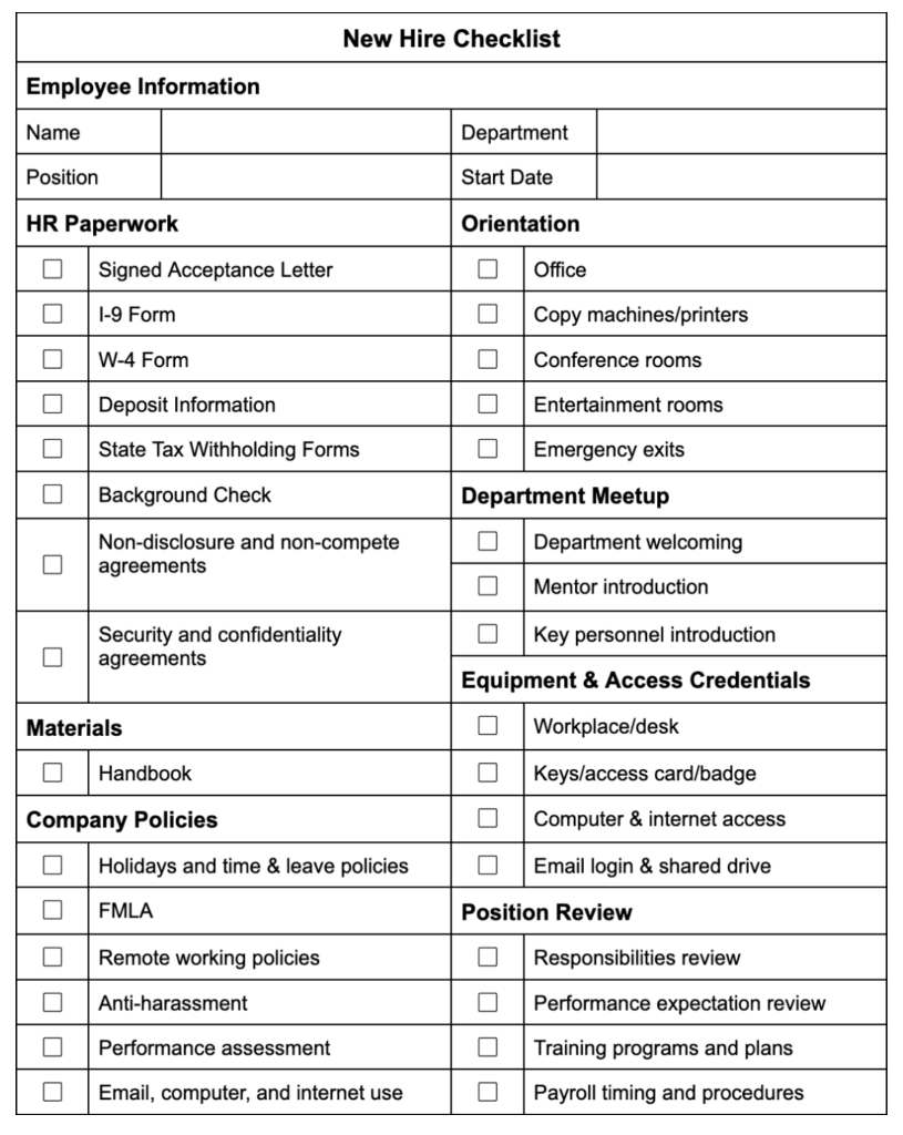 Free Printable Hiring Checklist Template