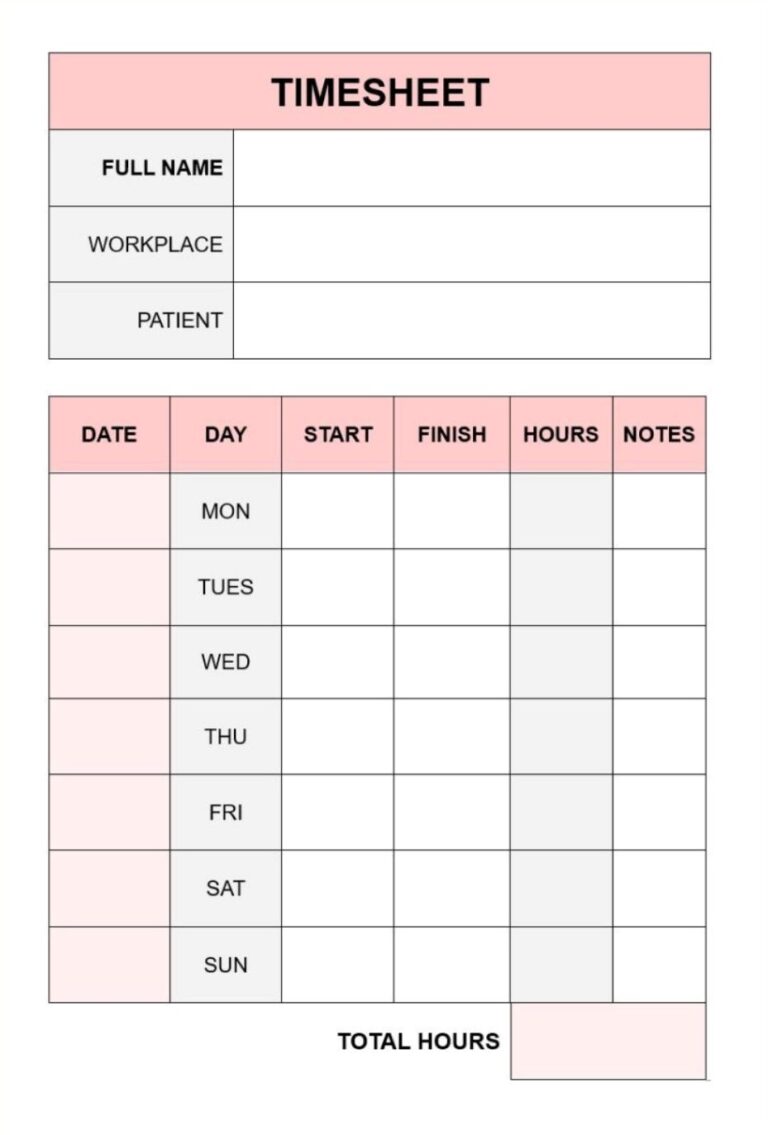 Printable Home Care Timesheet Template