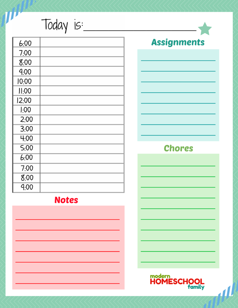 Printable Homeschool Daily Planner Template