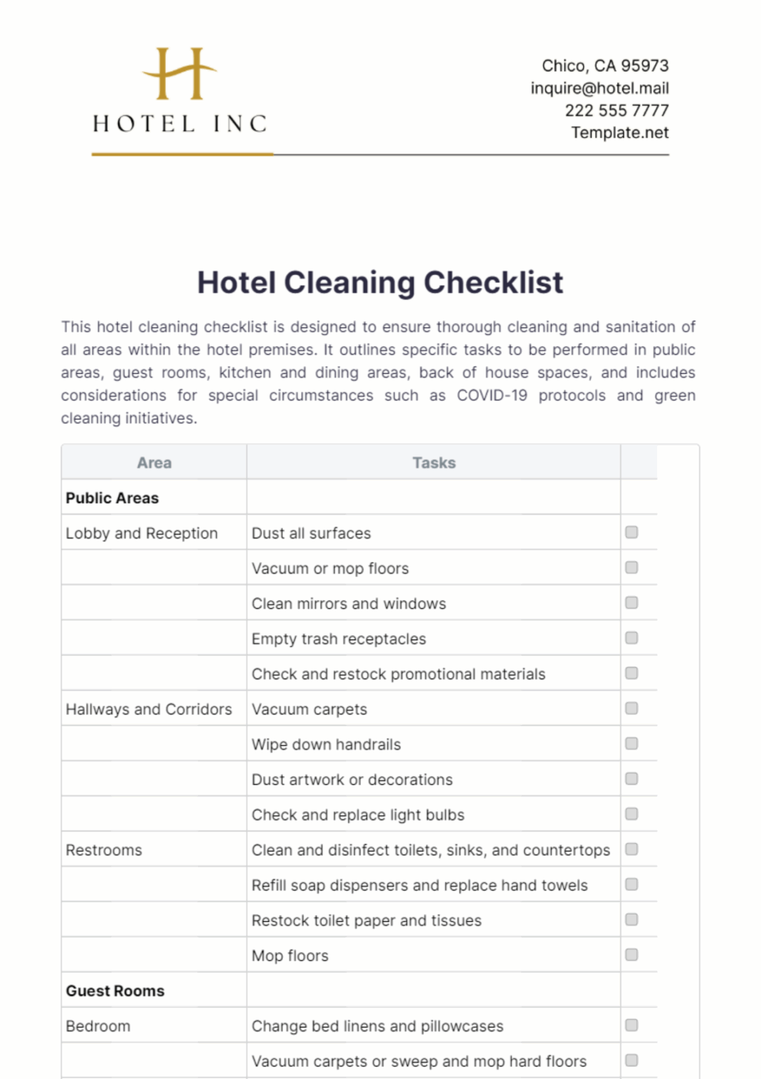 Printable Housekeeper Checklist Template