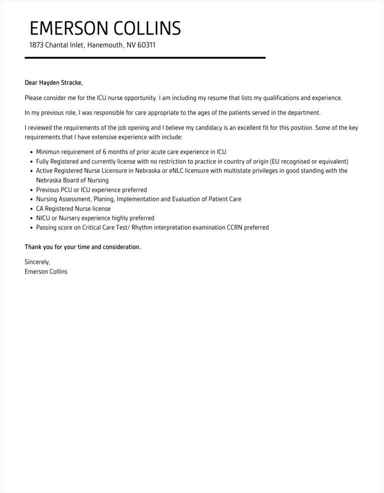 Free Printable ICU Nurse Cover Letter Template
