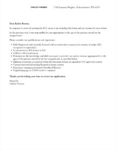 Free Printable ICU Nurse Cover Letter Template