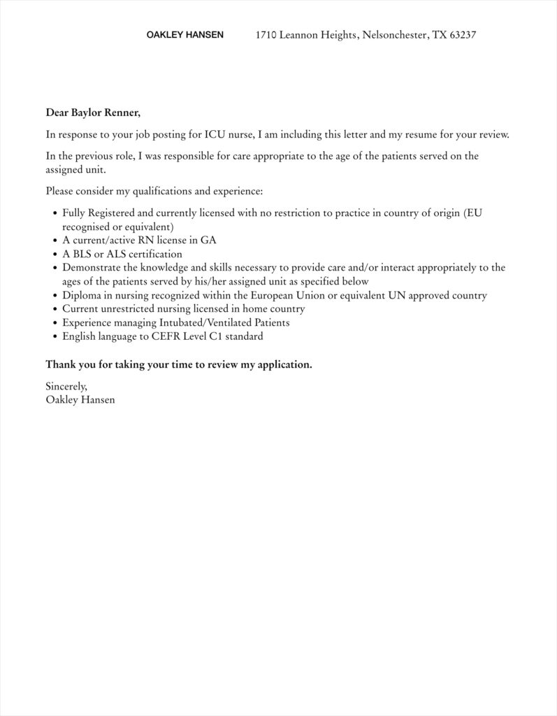 Free Printable ICU Nurse Cover Letter Template