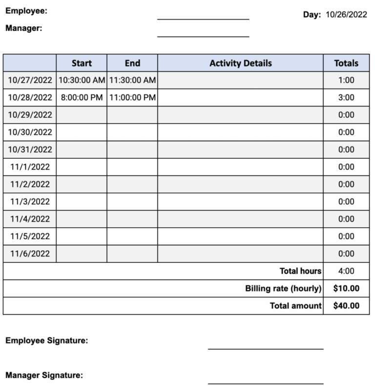 Independent Contractor Timesheet Template