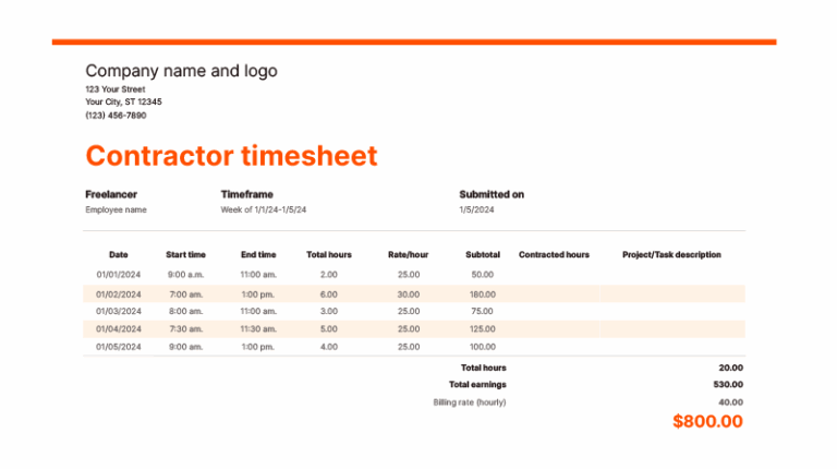 Independent Contractor Timesheet Template