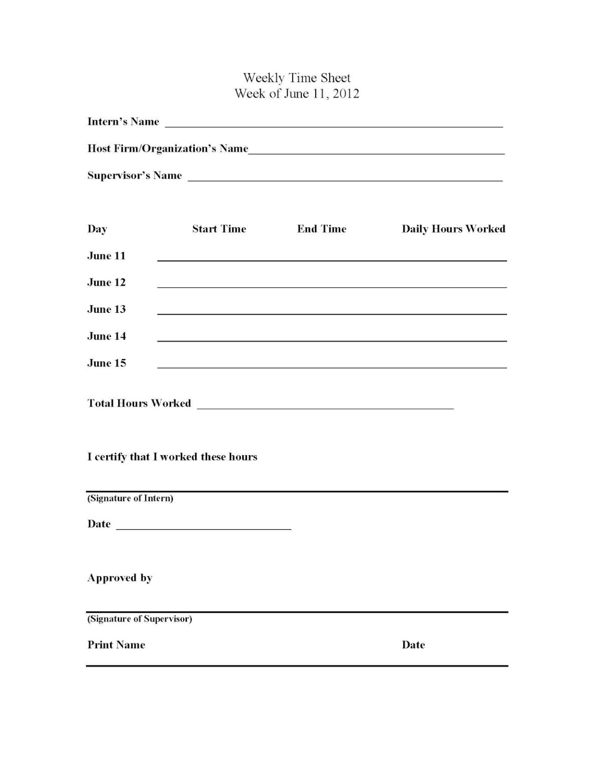 Free Printable Internship Timesheet Template