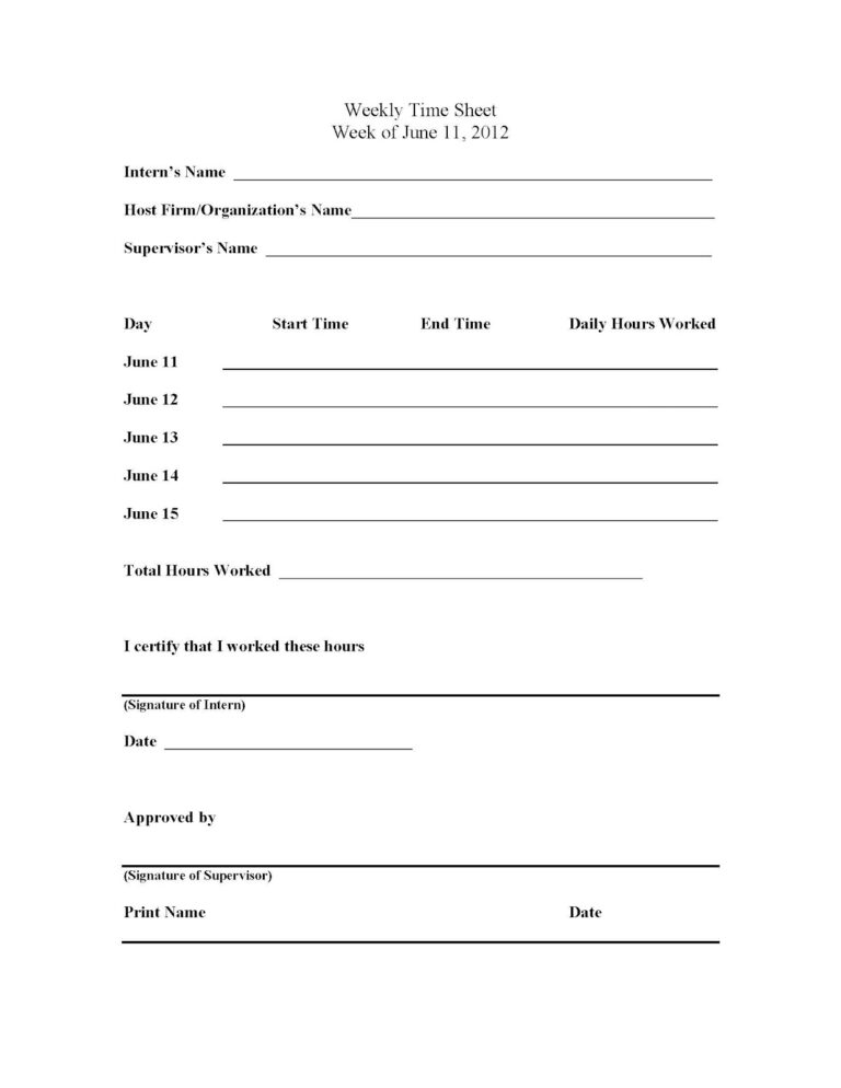 Free Printable Internship Timesheet Template