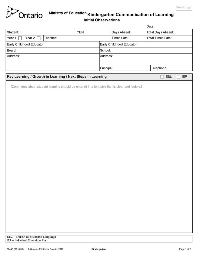 Kindergarten Report Card Template