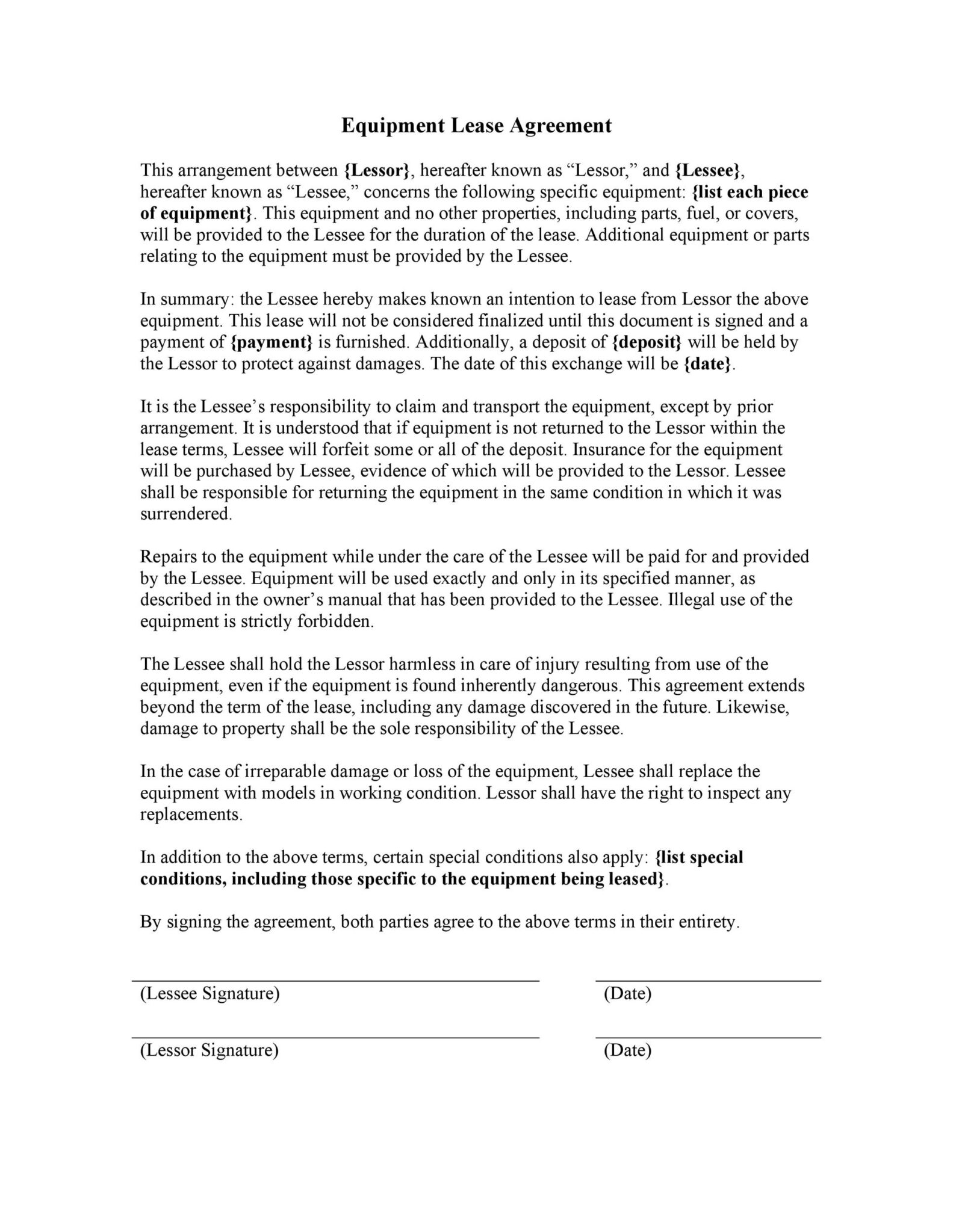 Machine Lease Agreement Template
