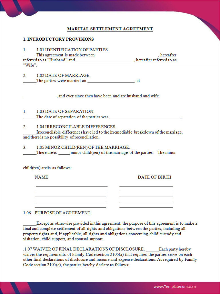 Free Marital Settlement Agreement Template