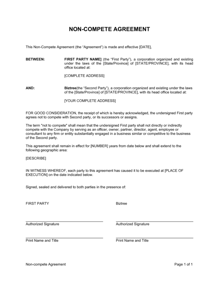 Non-competition Agreement Template