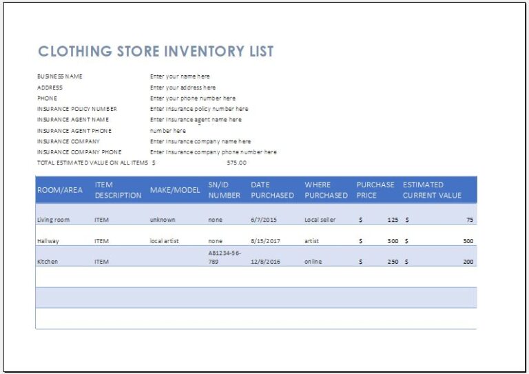 Printable Party Attire Inventory Template