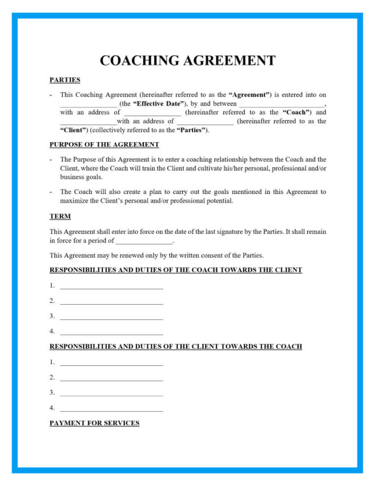Printable Coaching Agreement Template