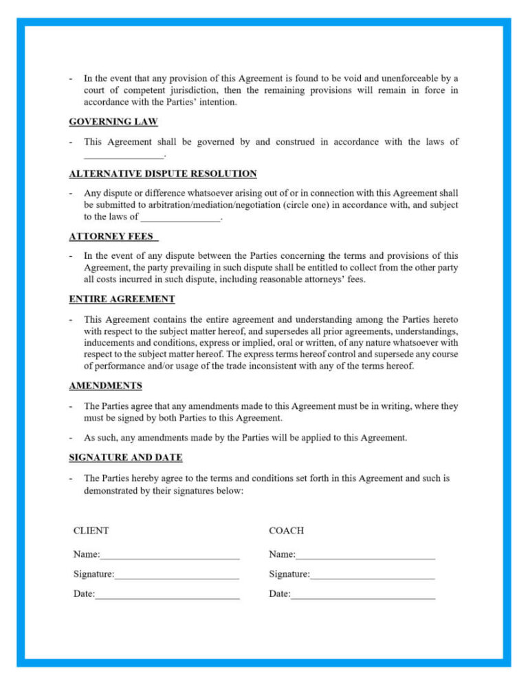 Printable Coaching Agreement Template