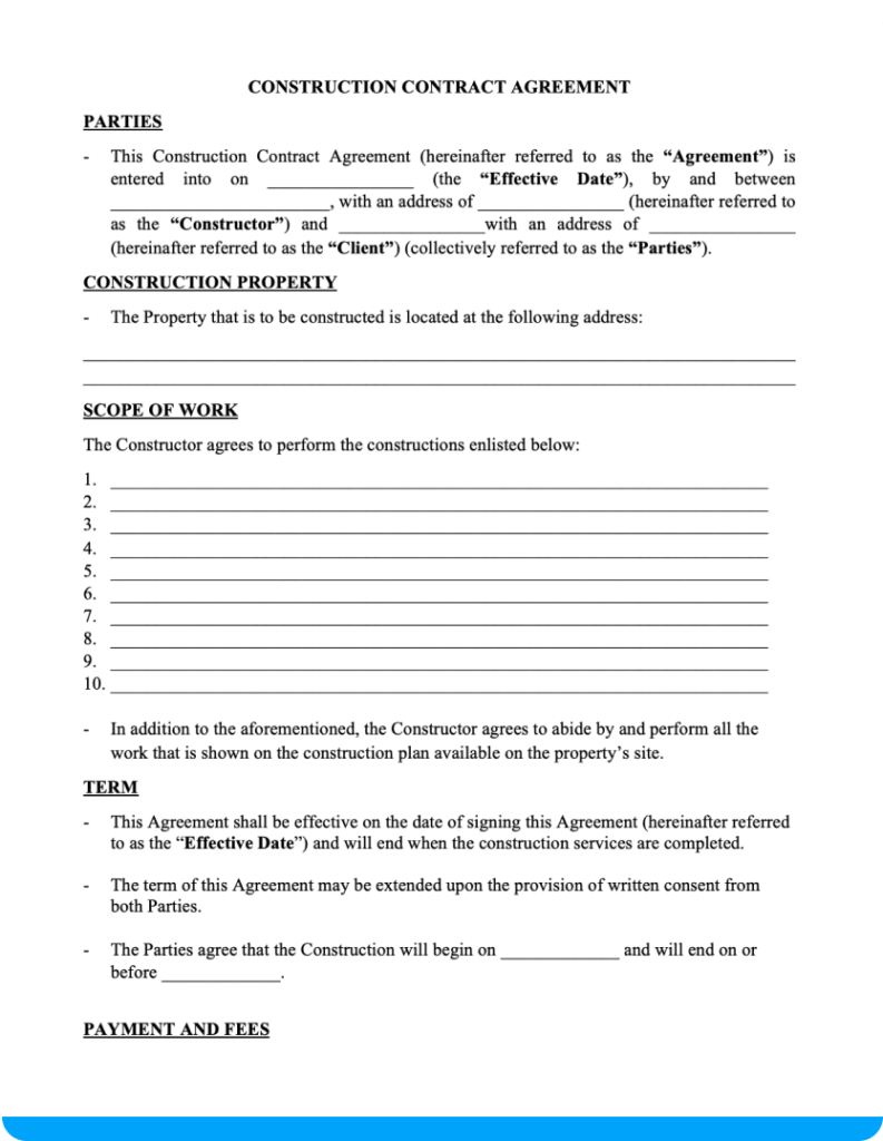 Printable Construction Agreement Template