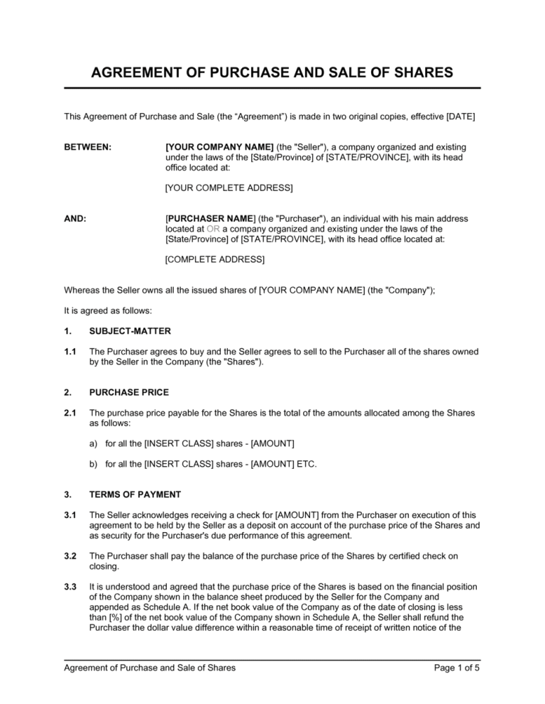 Printable Share Purchase Agreement Template