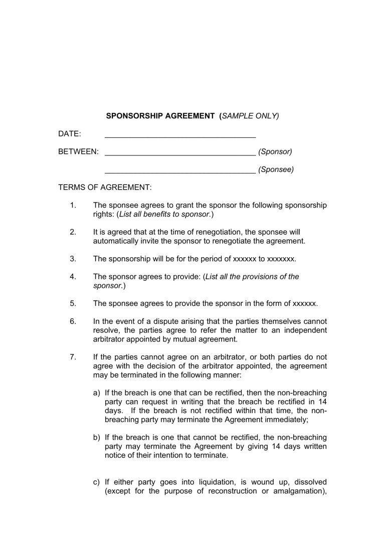 Printable Sponsorship Agreement Template