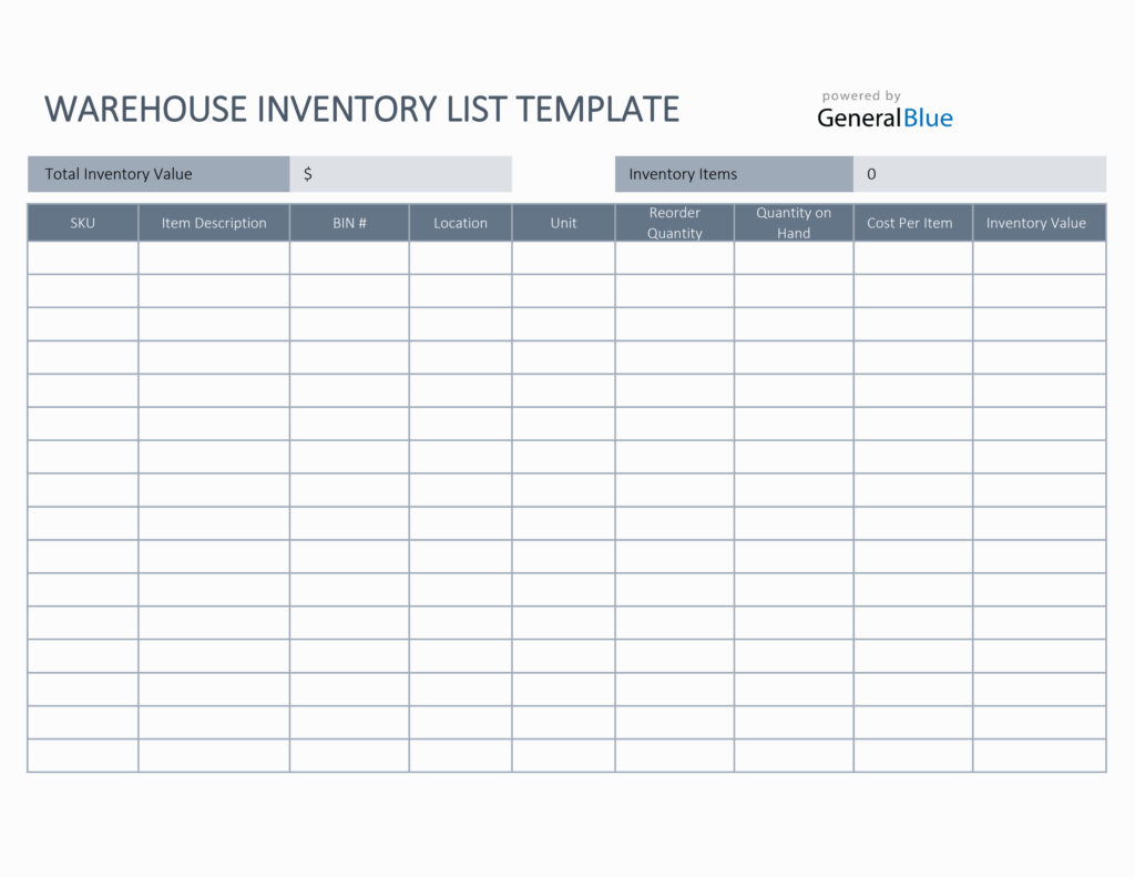 Warehouse Inventory List Template