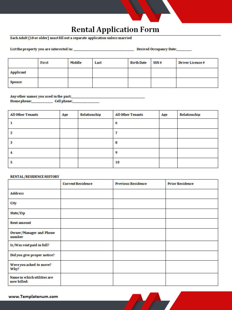 Free Printable Rental Application Form