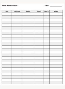 Printable Restaurant Reservation Checklist Template