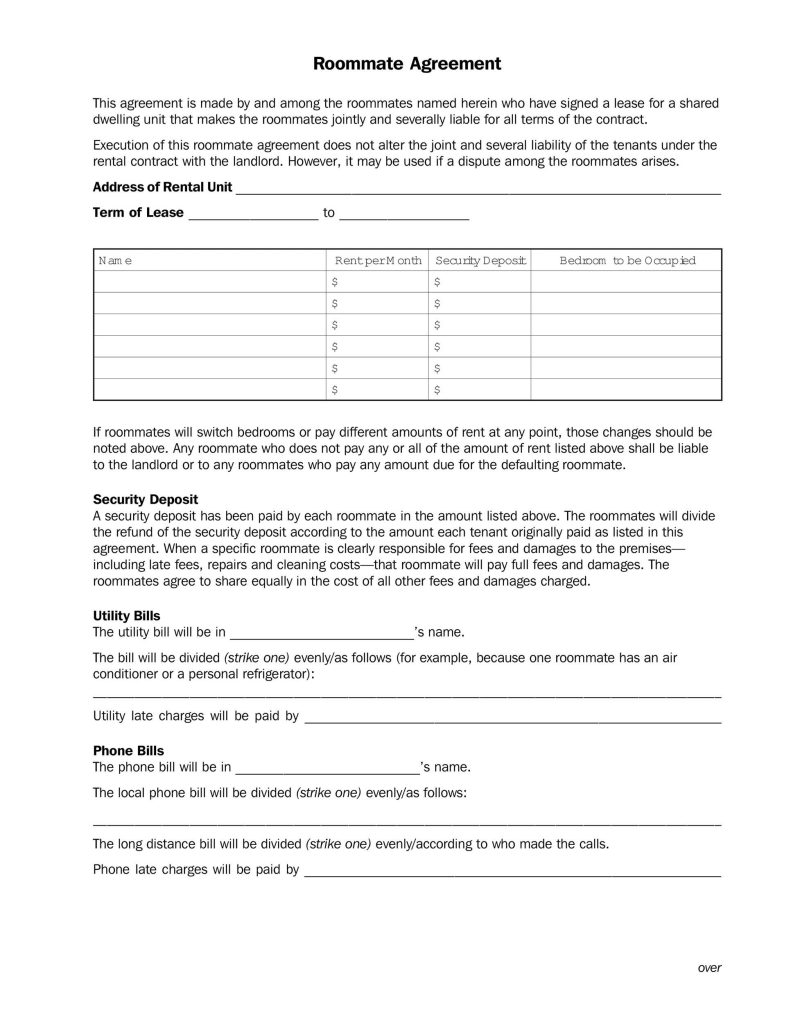 Roommate Agreement Template