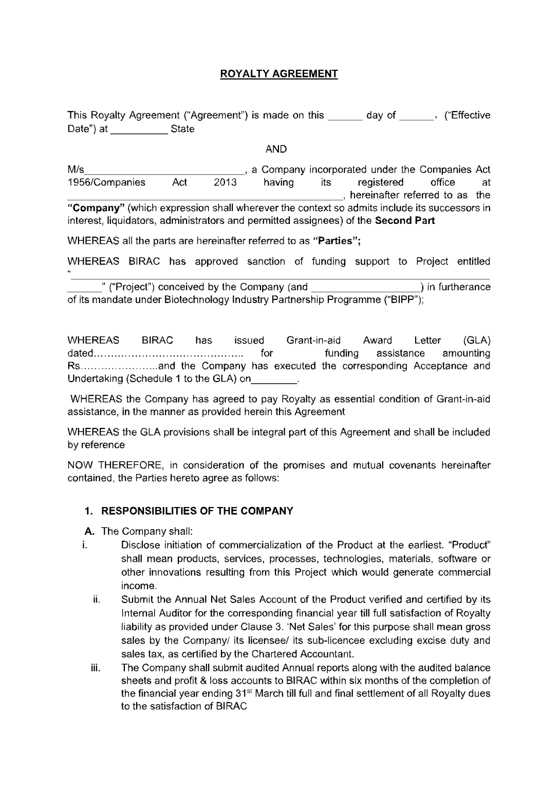Royalties Agreement Template