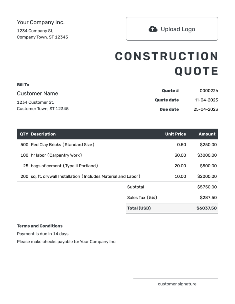 Printable Building Quote Template