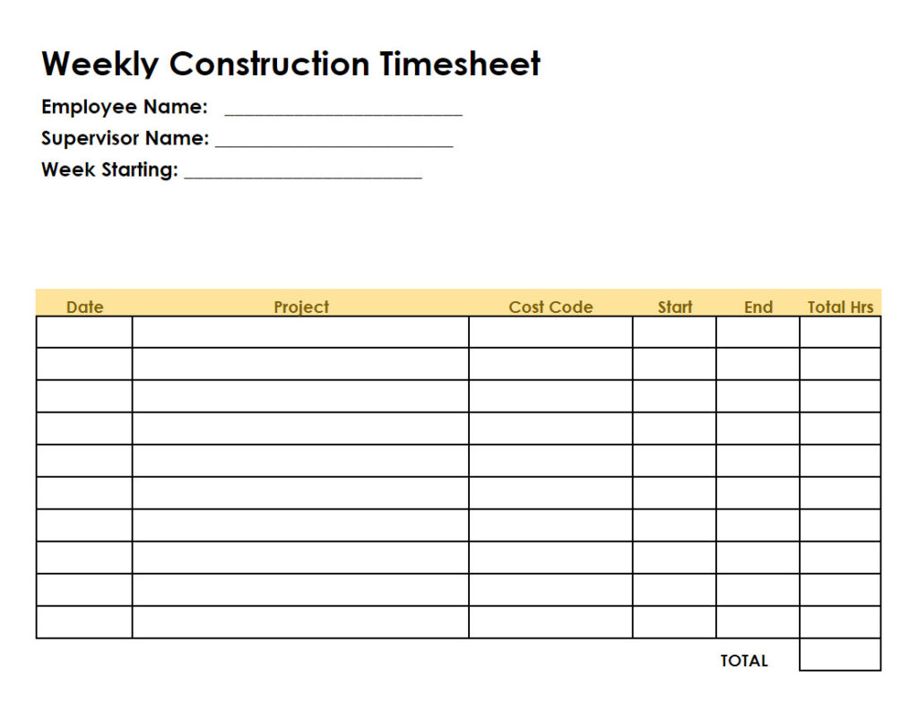 Printable Construction Timesheet Template