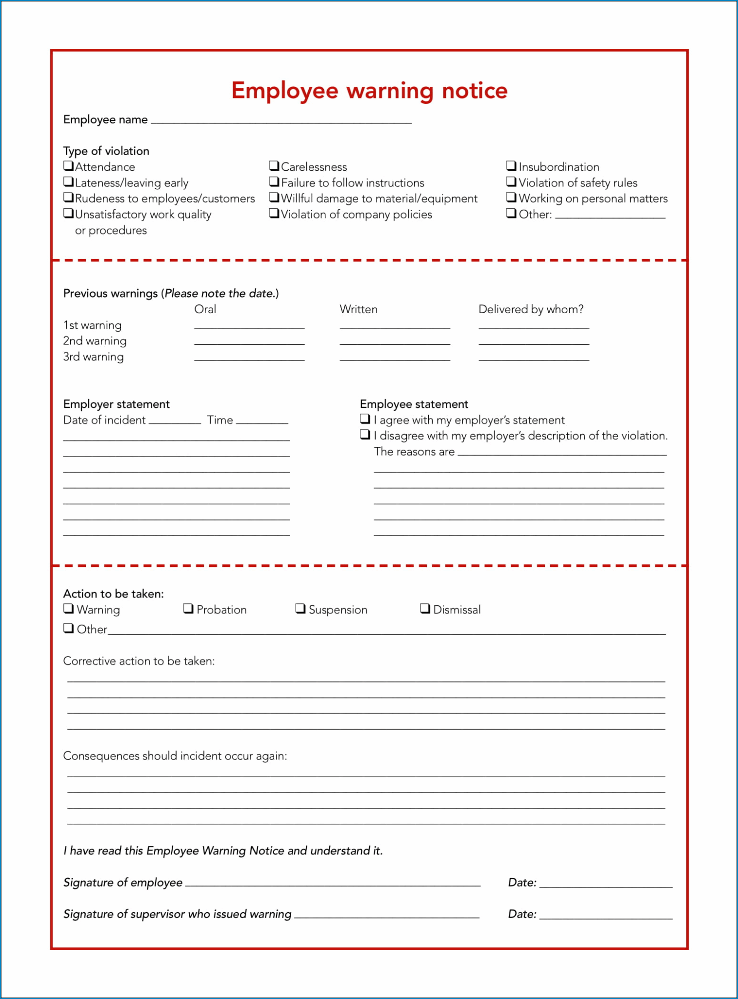 Free Printable Employee Write-up Form