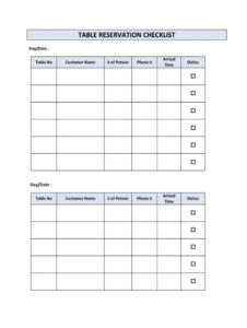Printable Restaurant Reservation Checklist Template