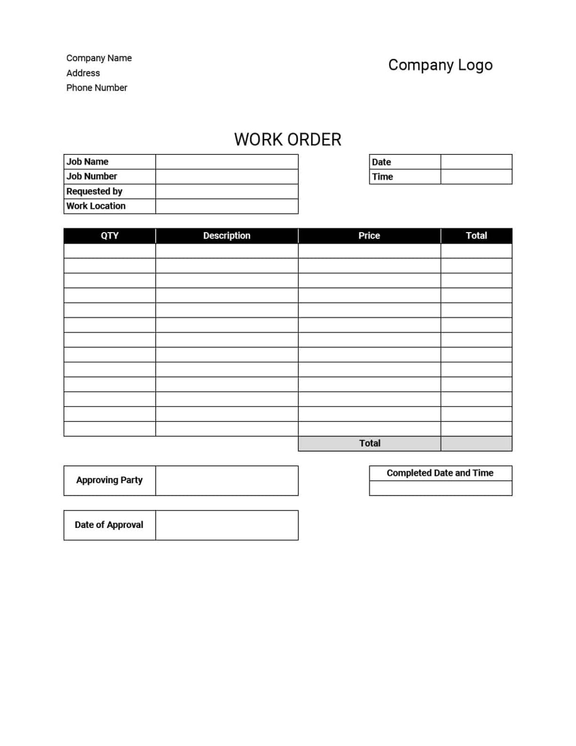 Free Printable Work Order Template