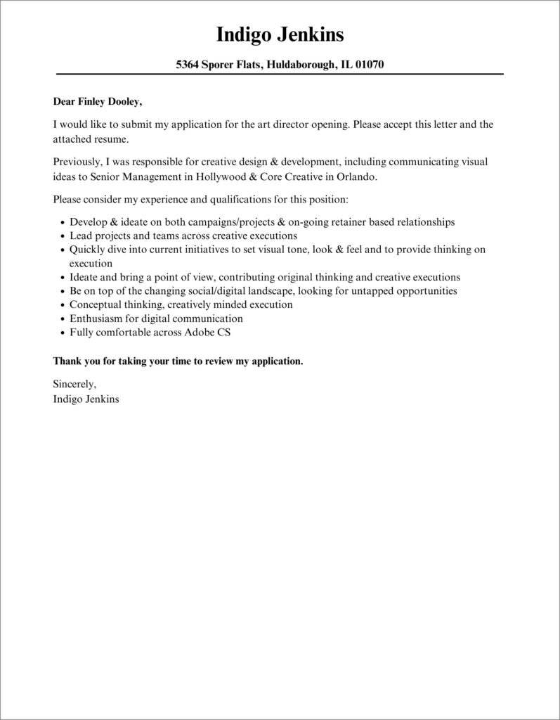 Printable Art Director Cover Letter Template