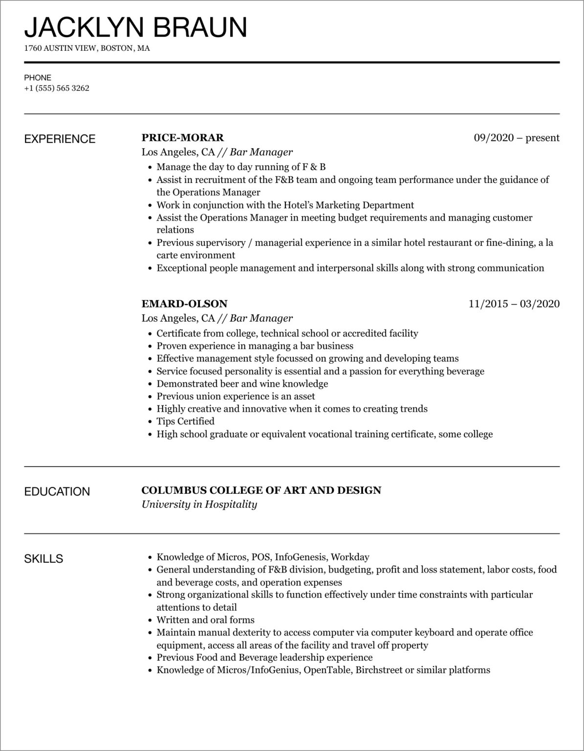 Free Printable Bar Manager Resume Template