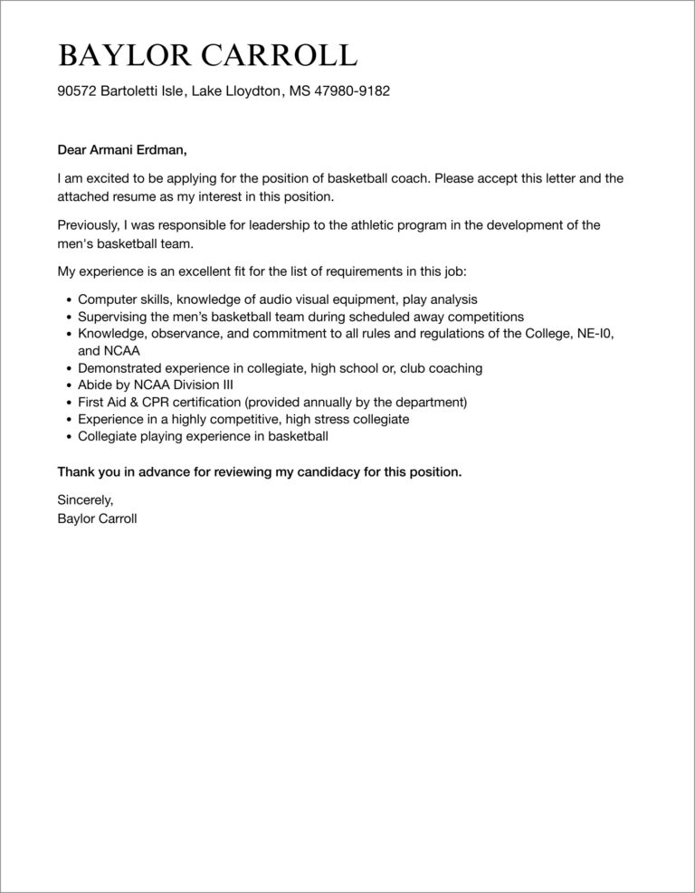 Basketball Coach Cover Letter Template