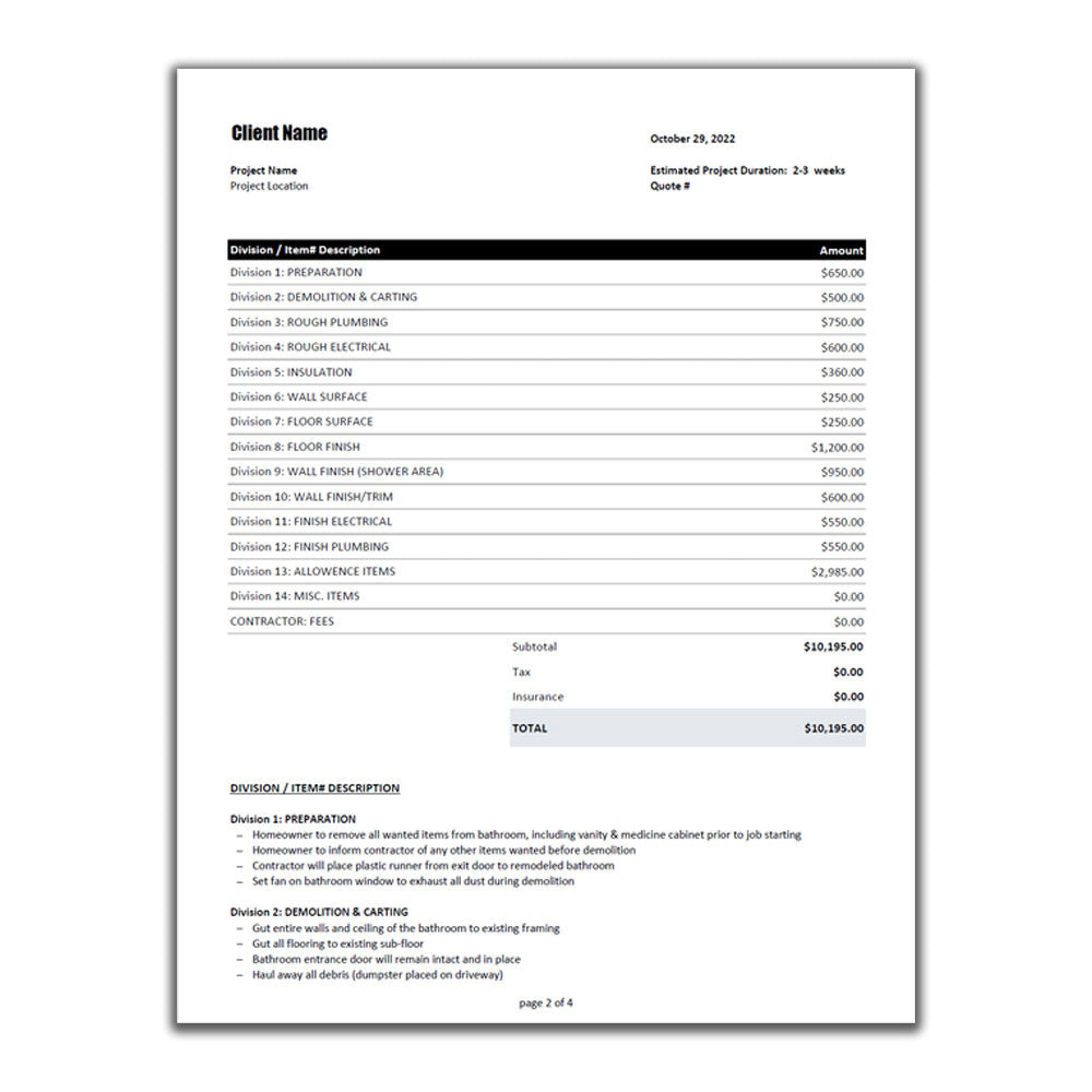 Printable Quote Bathroom Remodel Estimate Template
