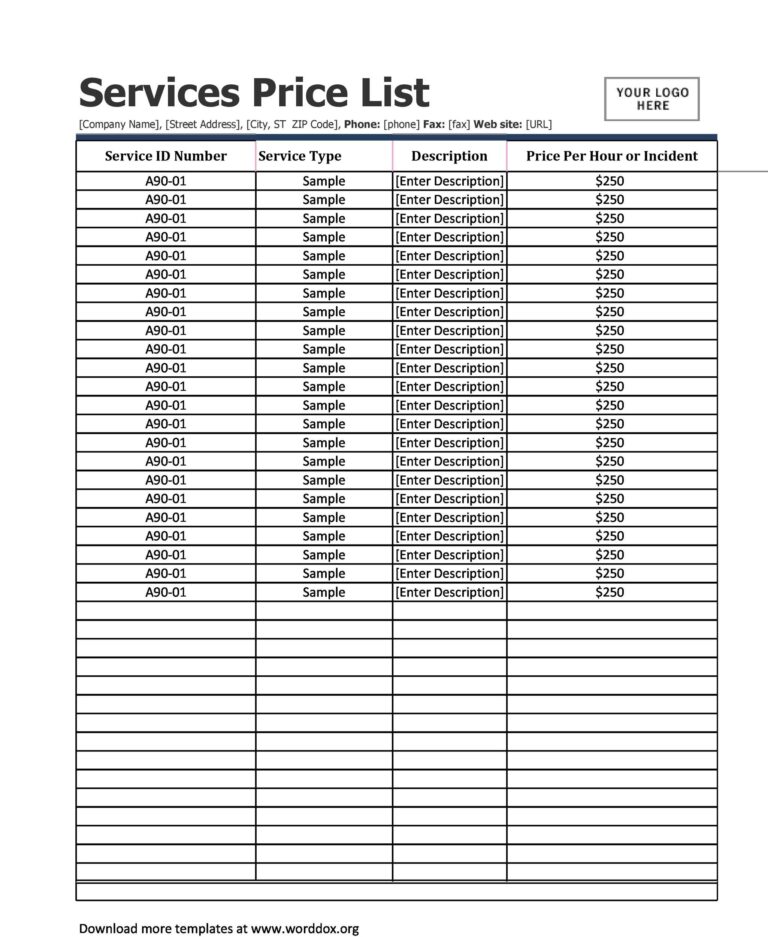 Business Price List Template