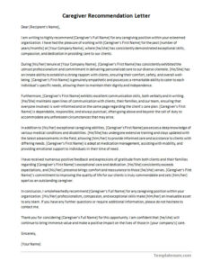 Caregiver Recommendation Letter Template (Example)