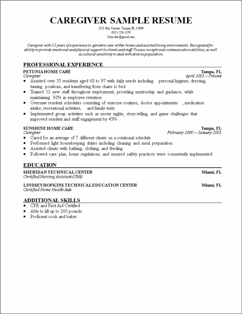 Free Printable Caregiver Resume Template