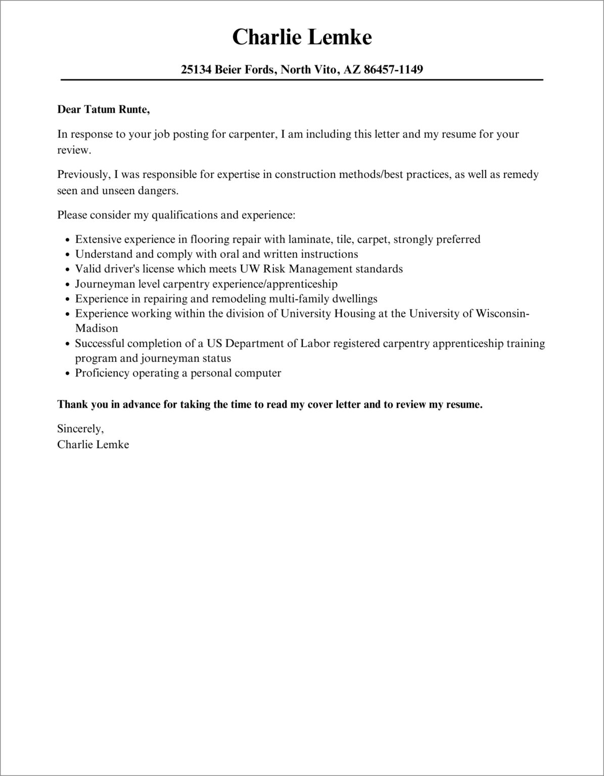 Free Printable Carpenter Cover Letter Template