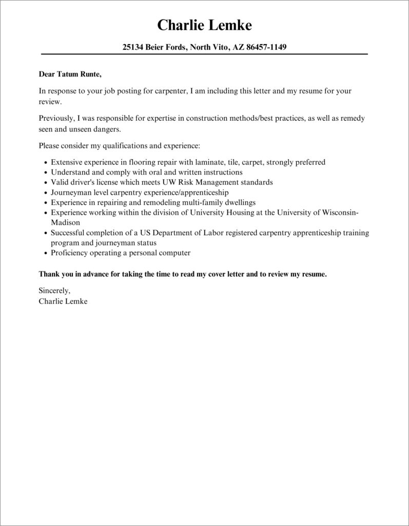 Free Printable Carpenter Cover Letter Template