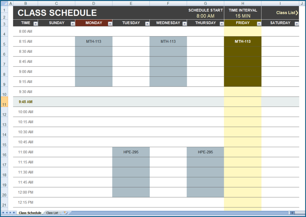 Printable Class Schedule Template