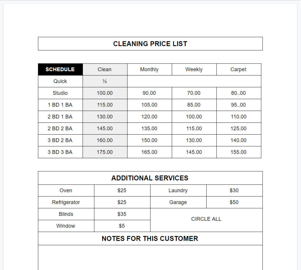 Commercial Cleaning Services Price List Template