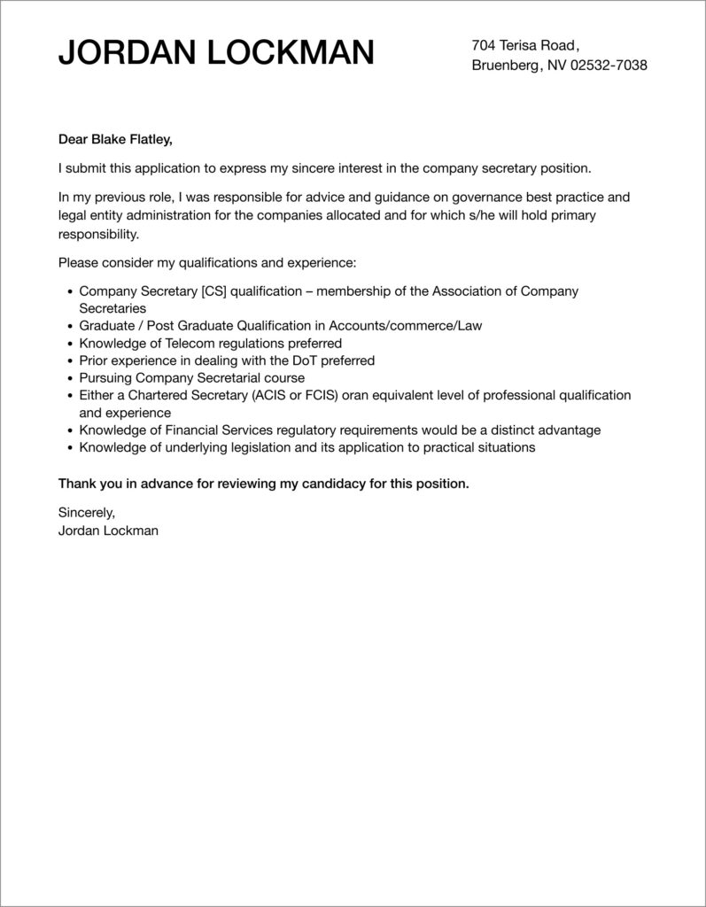 Company Secretary Cover Letter Template