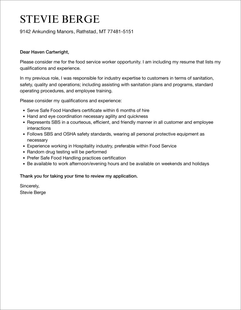Cover Letter Template For Food Service Worker
