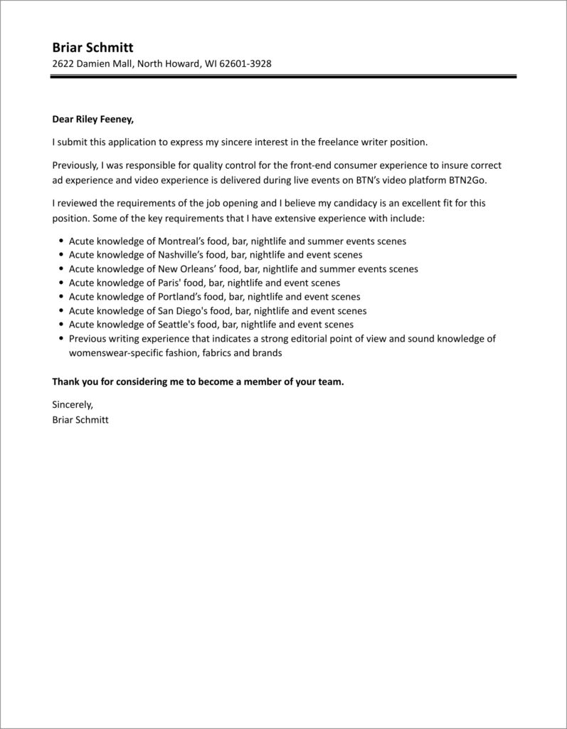 Cover Letter Template For Freelance Writer