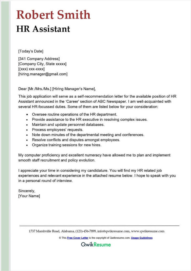 Cover Letter Template For Human Resources Assistant