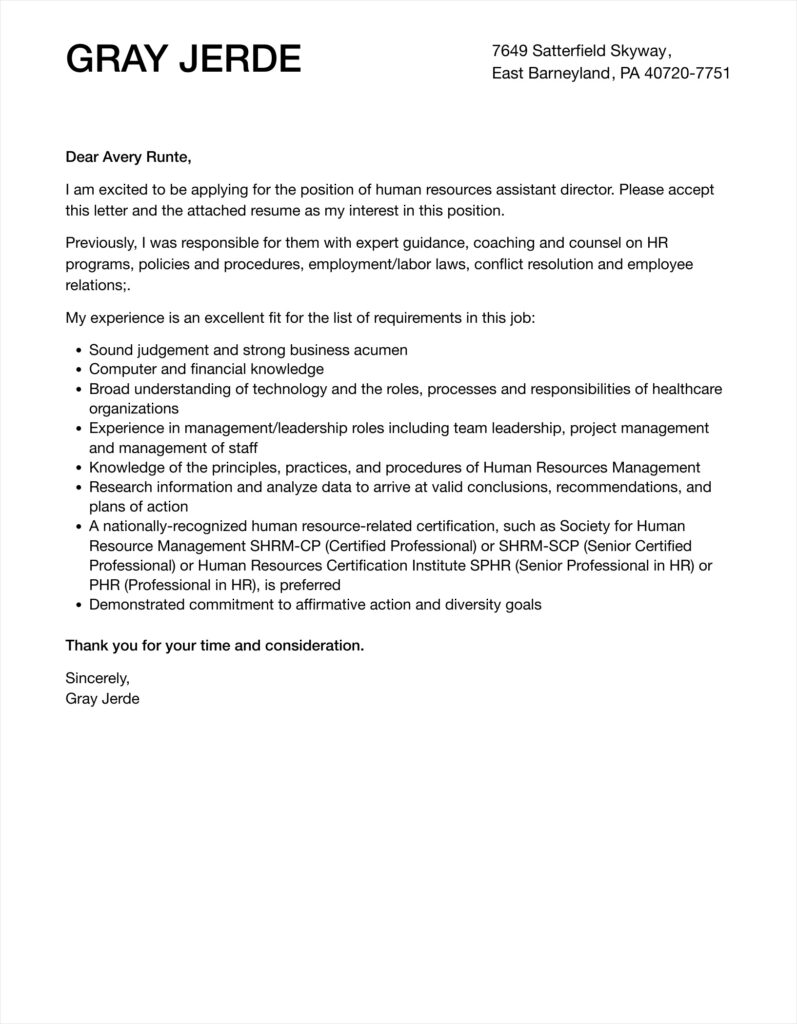 Cover Letter Template For Human Resources Assistant